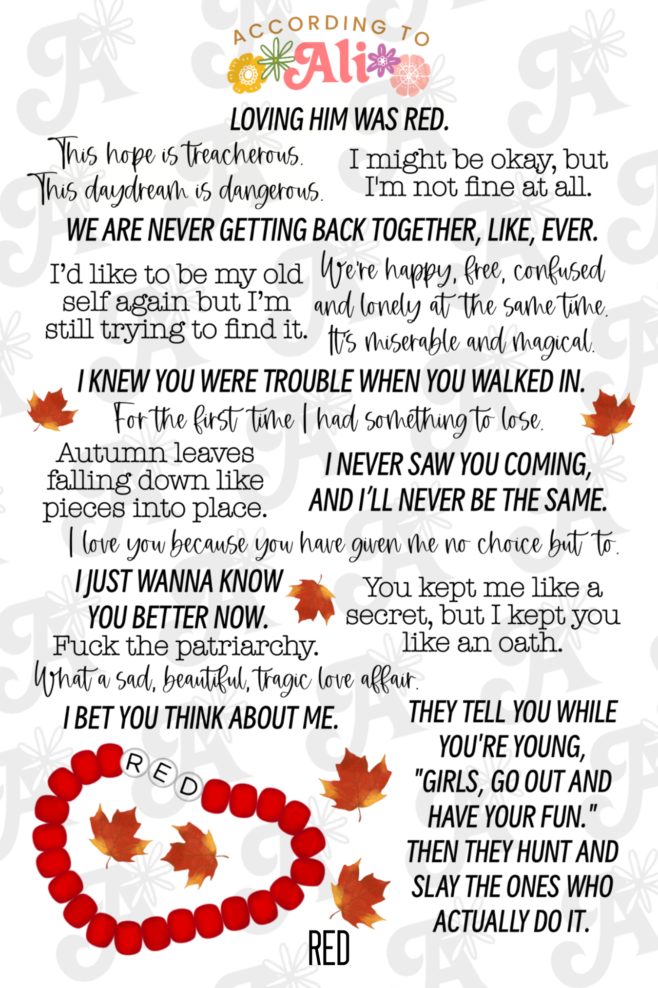 Red Lyrics Sticker Sheet – according to ali